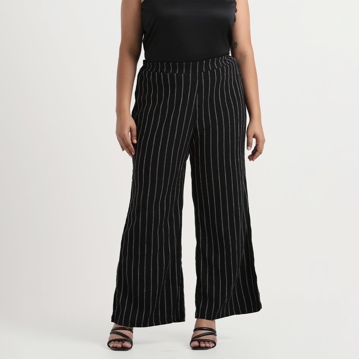 Black and White Stripes Textured Knit Flared Plus Size Pants | CALAE