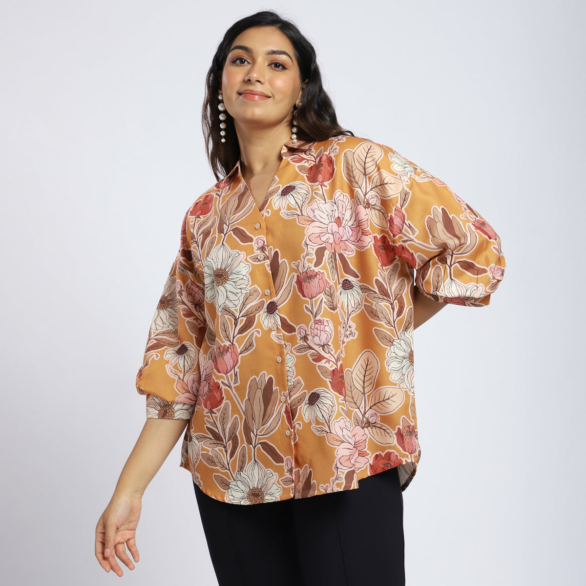 Plus Size Mustard Floral Linen-Blend Puff-Sleeve Shirt by CALAE | Sizes ...