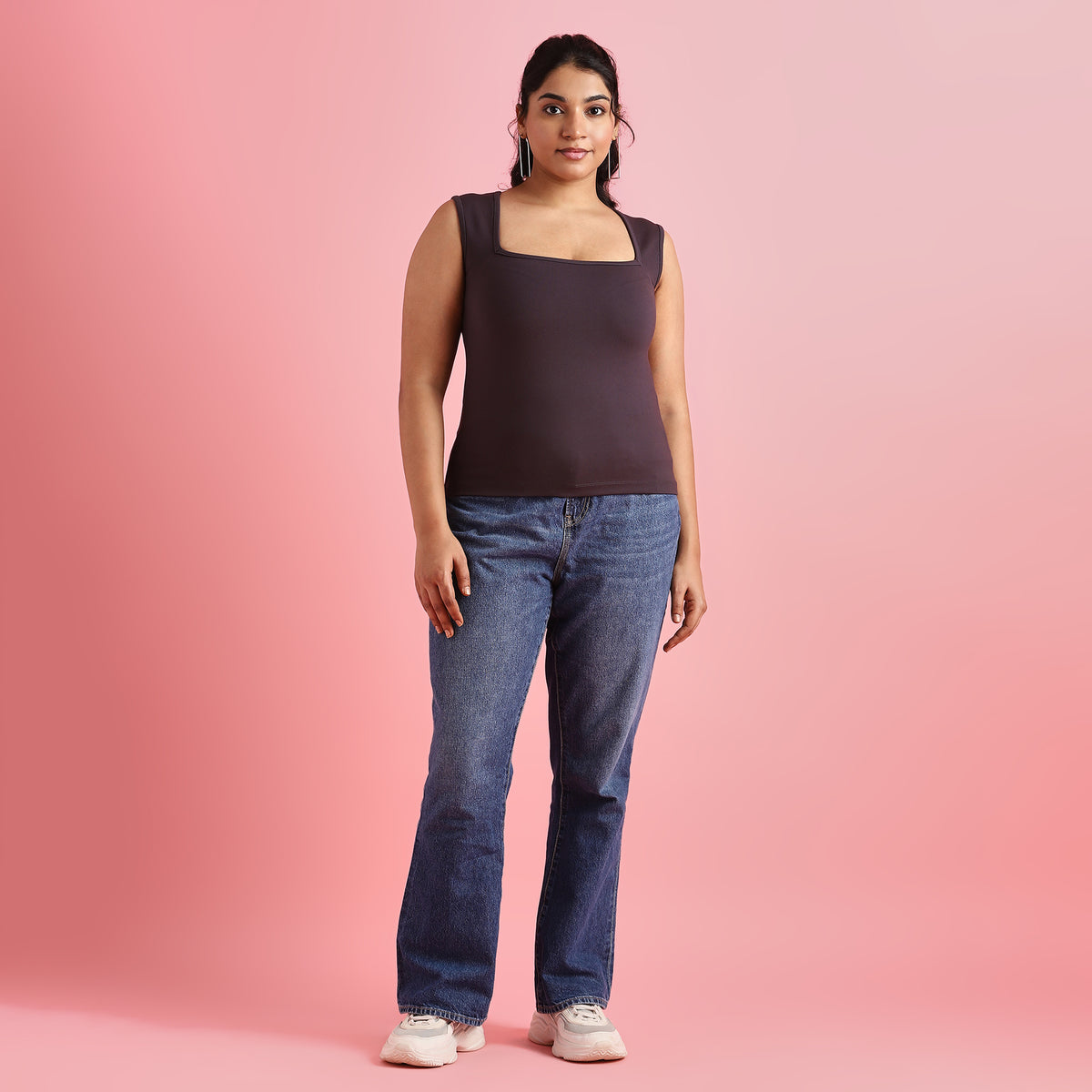 Plus-Size Charcoal Gray Square Neck 4-Way Stretch Fabric Top by CALAE ...