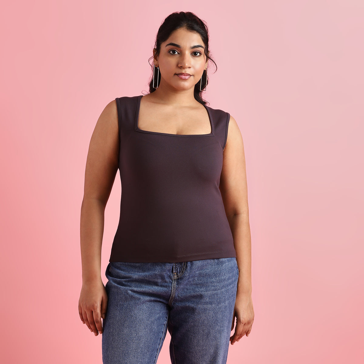 Plus-Size Charcoal Gray Square Neck 4-Way Stretch Fabric Top by CALAE ...