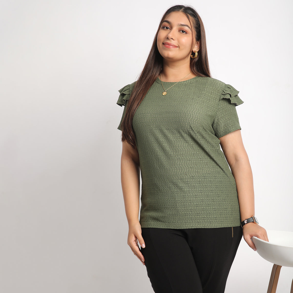 Green Cutwork Knit Plus Size Top with Layered Sleeves | CALAE
