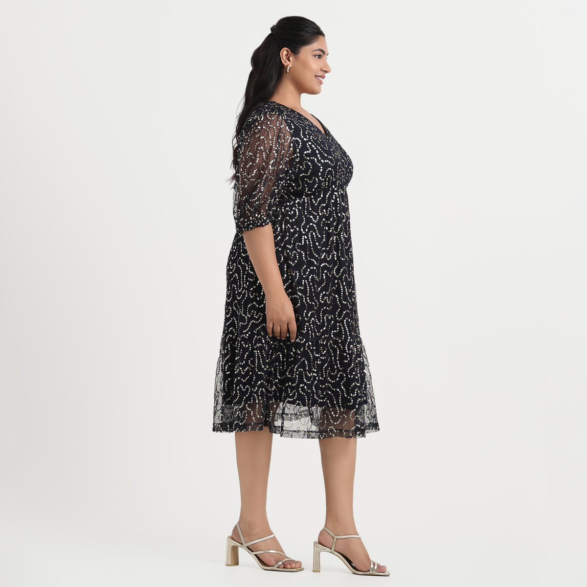 Navy Sequins V-Neck Plus Size Tiered Dress by Calae | Sizes Available L ...