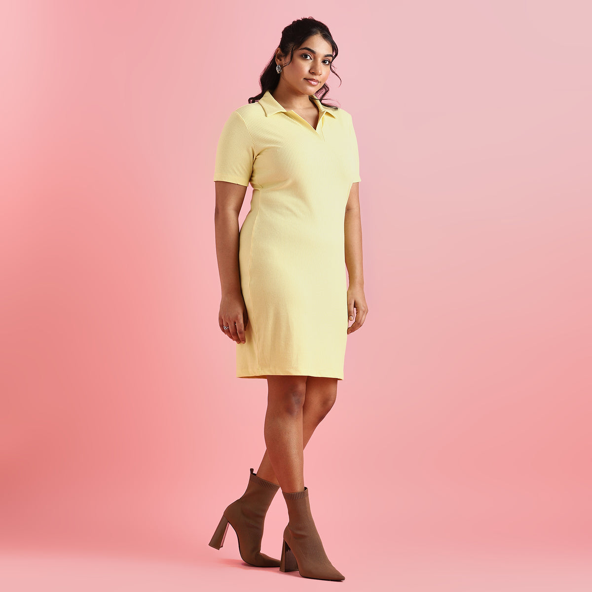 Yellow Rib Plus Size Collared Dress by Calae | Sizes Available L to 5XL ...