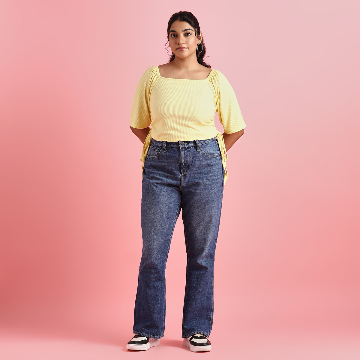 Yellow Rib Plus Size Crop Top with Drawstring | CALAE